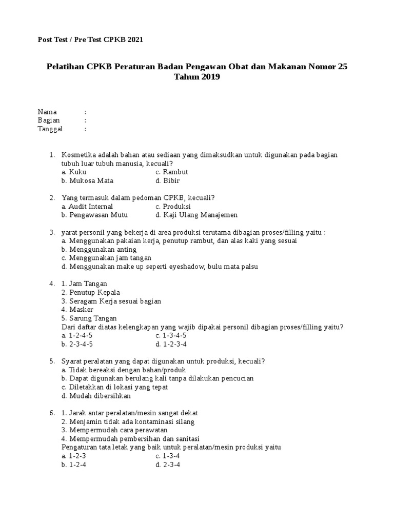 Post Test Dan Pre Test CPKB 2021 Untuk Karyawan Dasar | PDF