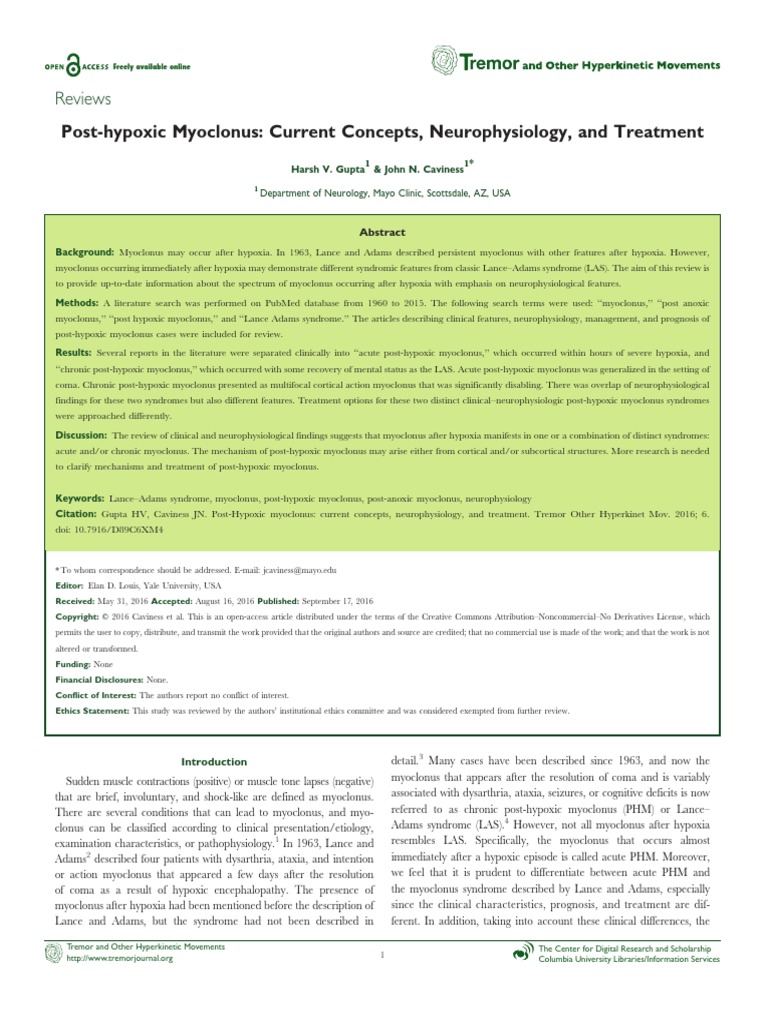 Post-Hypoxic Myoclonus - Current Concepts, Neurophysiology, and ...