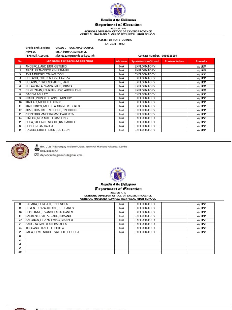 Master List of Students S.Y. 2021 - 2022: Mr. Alberto A. Sampan Jr ...