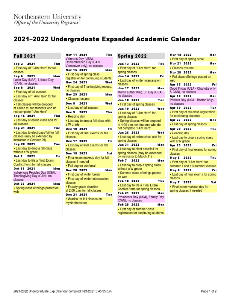 2021-2022 Undergraduate Expanded Academic Calendar: Fall 2021 Spring ...