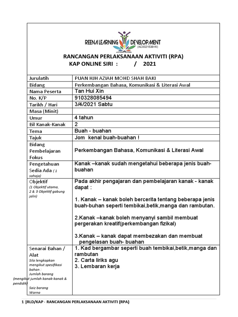 Rpa Buah-Buahan (BKLA) (Tan Hui Xin) | PDF