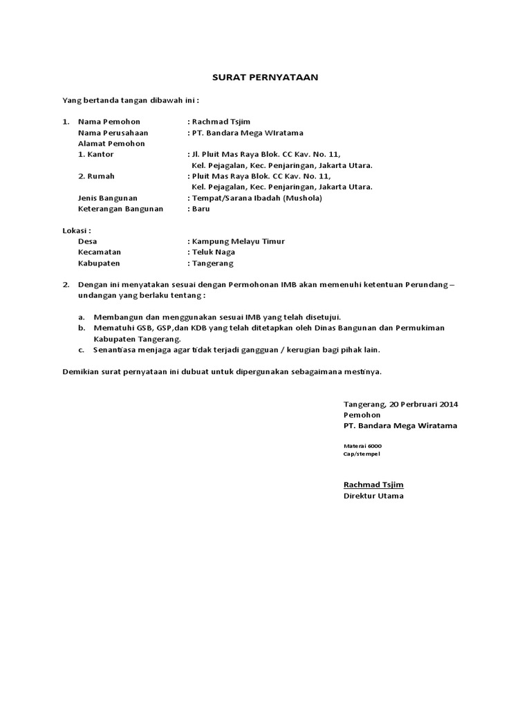 Surat Pernyataan Imb Mushola Arcadia | PDF