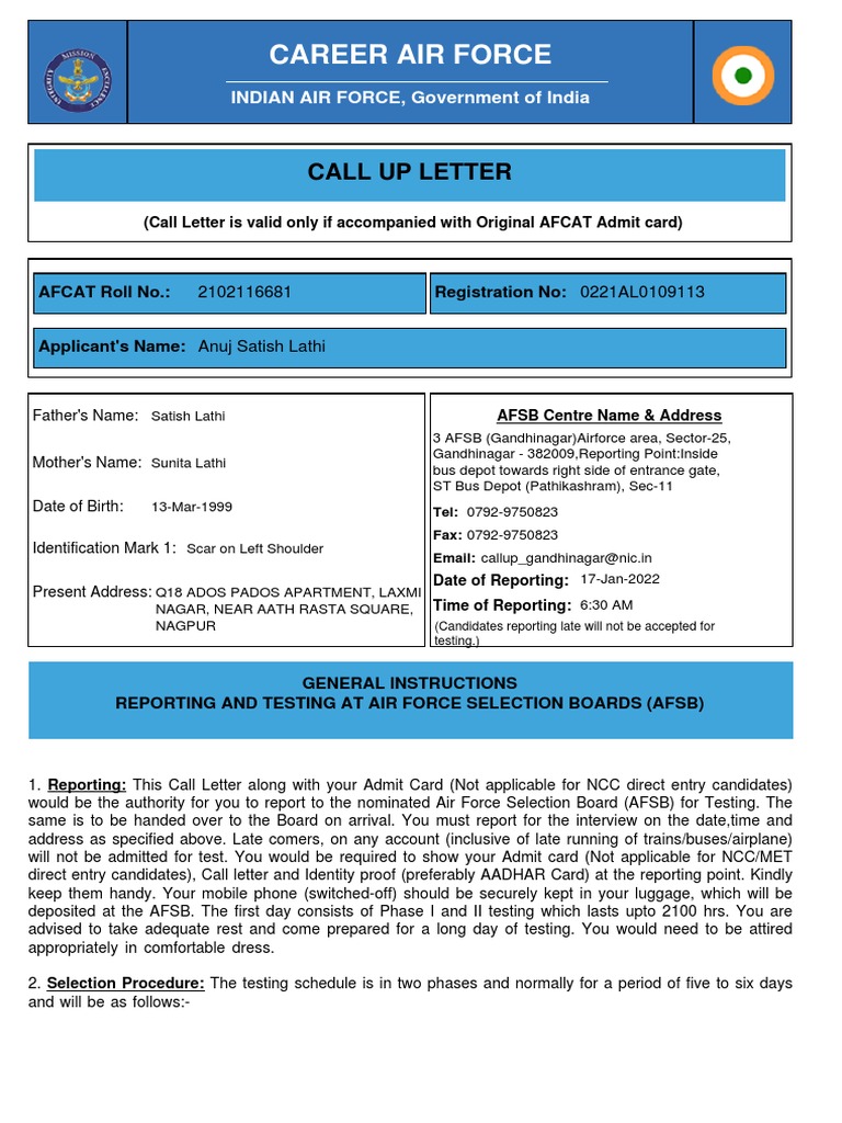 Career Air Force: Call Up Letter | PDF | Identity Document