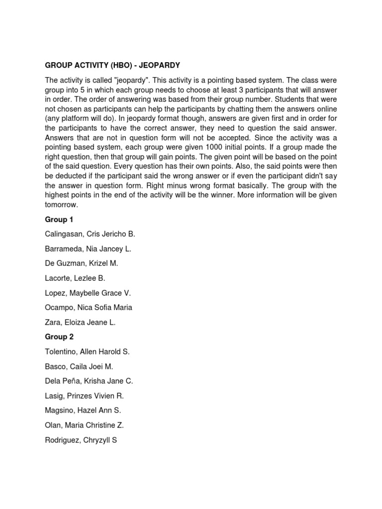 Jeopardy Group Activity Overview | PDF