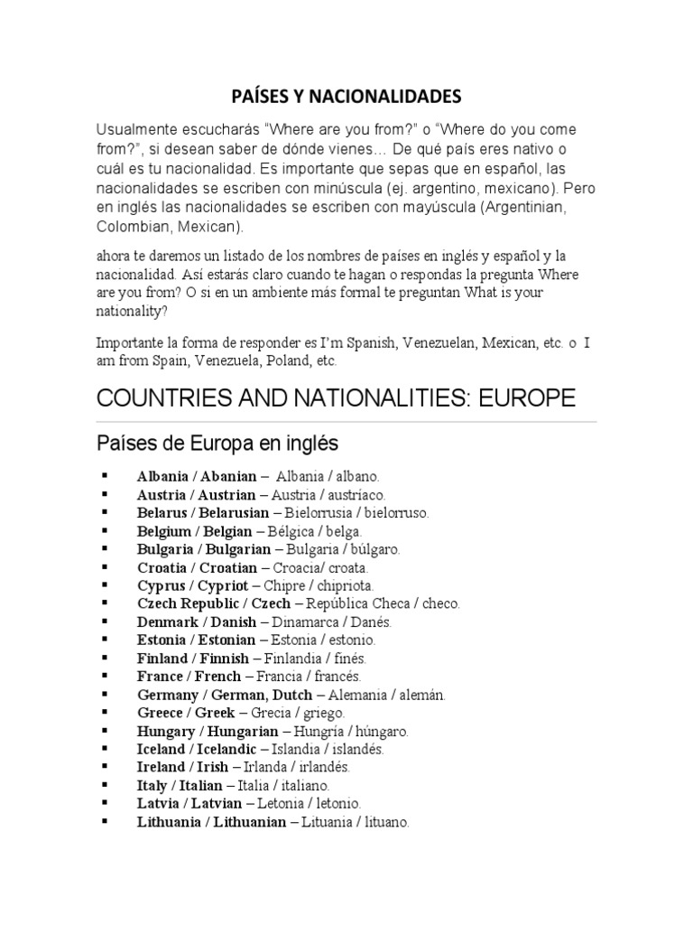 Países y Nacionalidades | PDF | Lenguas de Europa | Caligrafía occidental