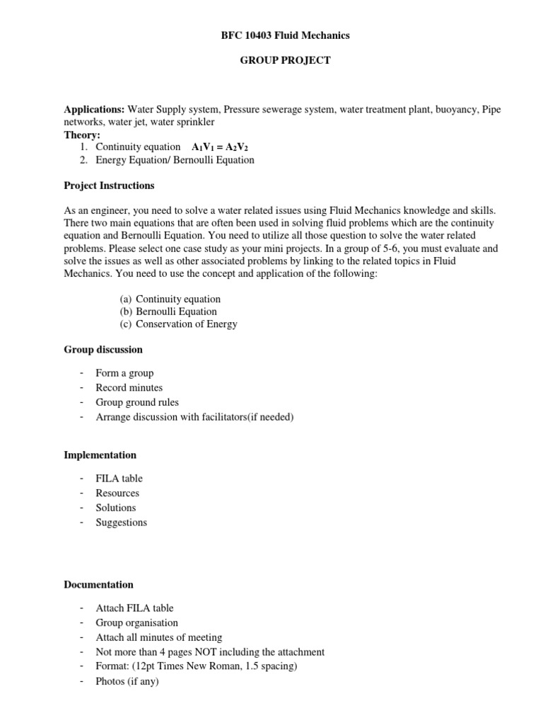 Fluid Mechanics Group Project Guide | PDF | Equations | Fluid Mechanics