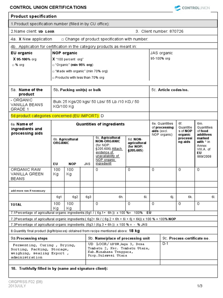 Product Specification Organic Vanilla Beans Grade 1 | PDF | Foods ...