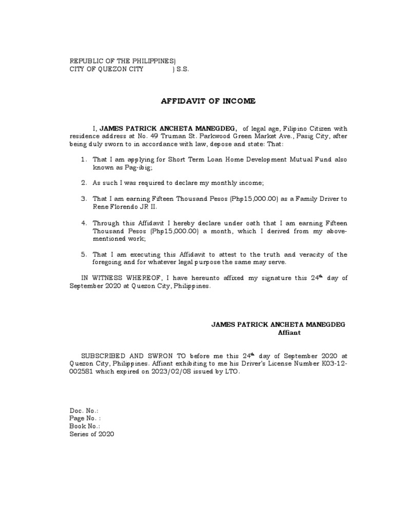 Affidavit of Income Pag-Ibig | PDF