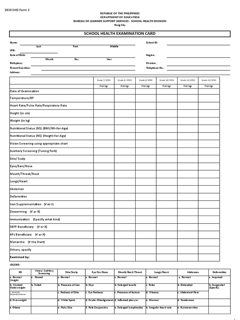 School Health Examination Card: Republic of The Philippines Department ...