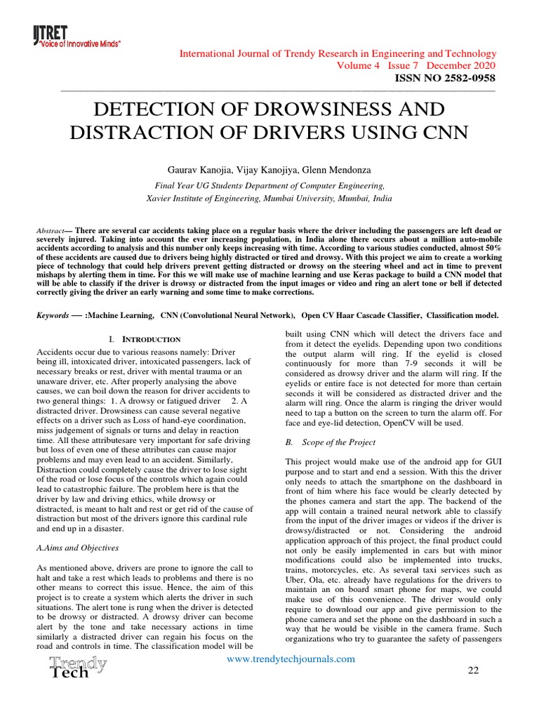 Detection of Drowsiness and Distraction of Drivers Using CNN | PDF | Computer Engineering ...