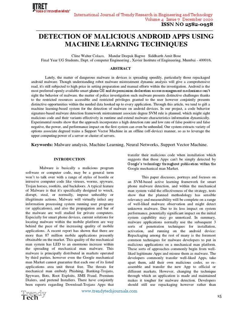 Detection Of Malicious Android Apps Using Machine Learning Techniques