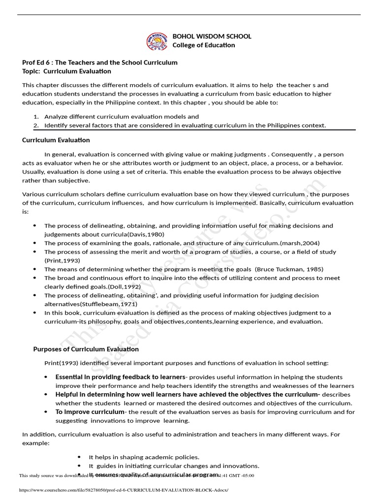 Curriculum Evaluation Models Overview | PDF | Curriculum | Evaluation