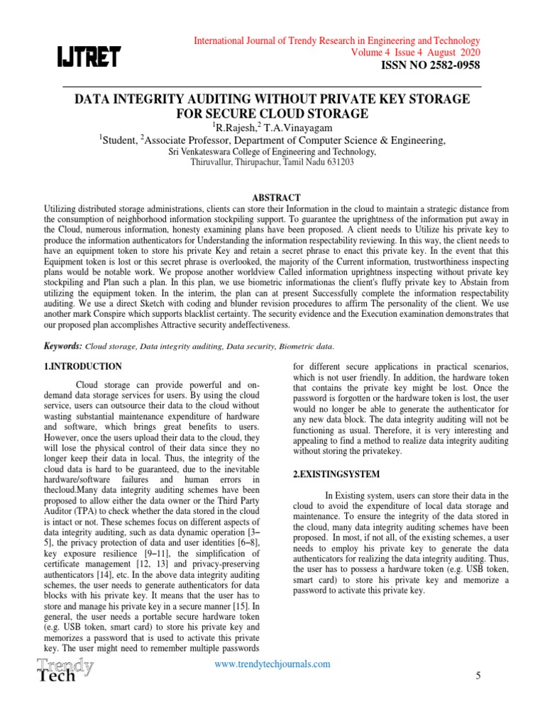 Data Integrity Auditing Without Private Key Storage For Secure Cloud
