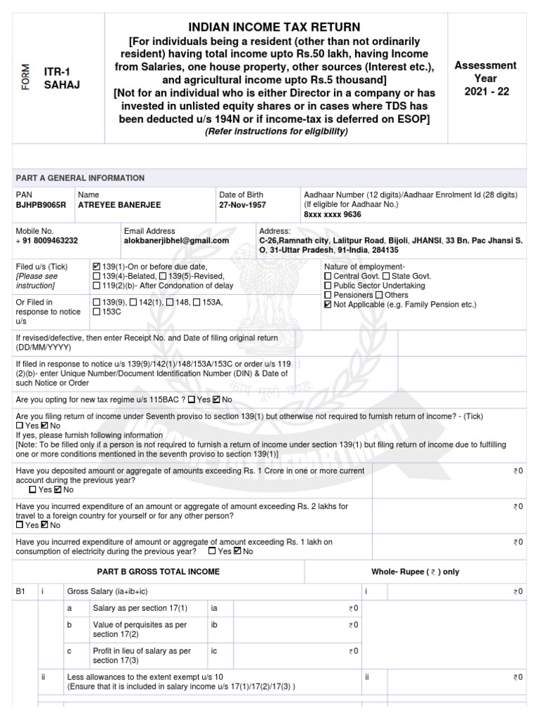 Indian Income Tax Return: (Refer Instructions For Eligibility) | PDF ...