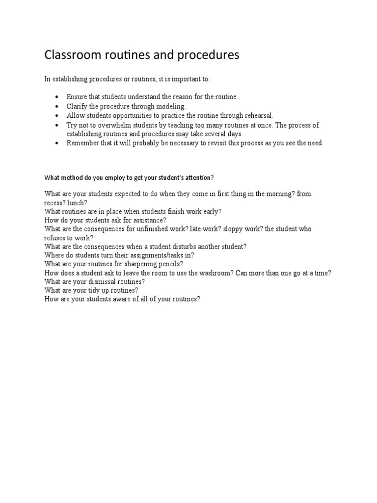 Classroom Routines and Procedures | PDF