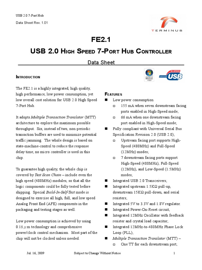 USB 2.0 7-Port Hub FE2.1 Datasheet | PDF | Usb | Electronics