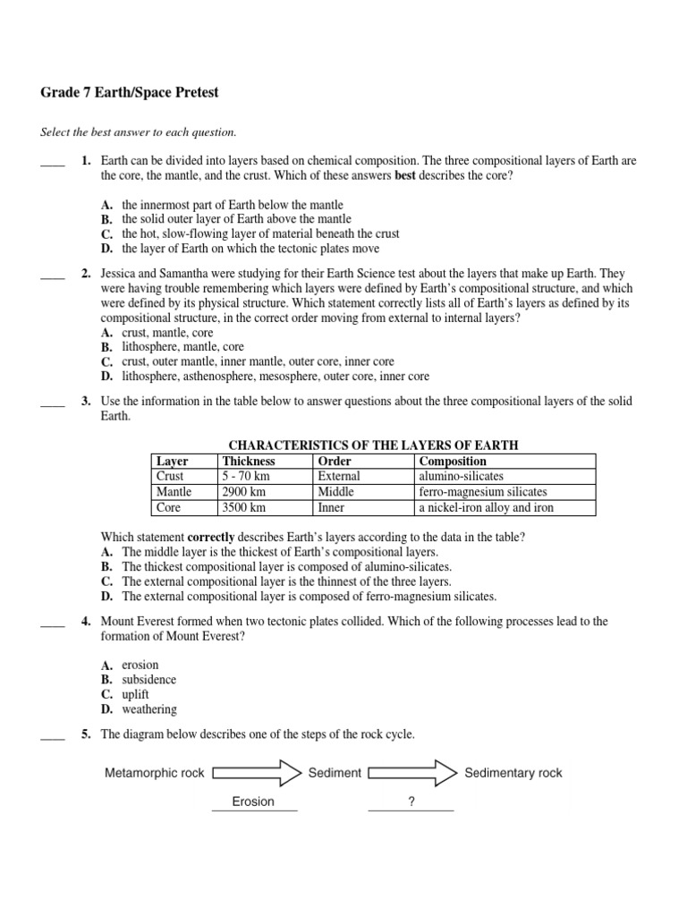 Grade 7 Earth/Space Pretest: Select The Best Answer To Each Question ...