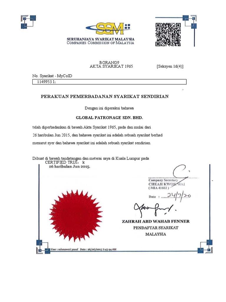 Borang 9 - Global Patronage SDN BHD | PDF