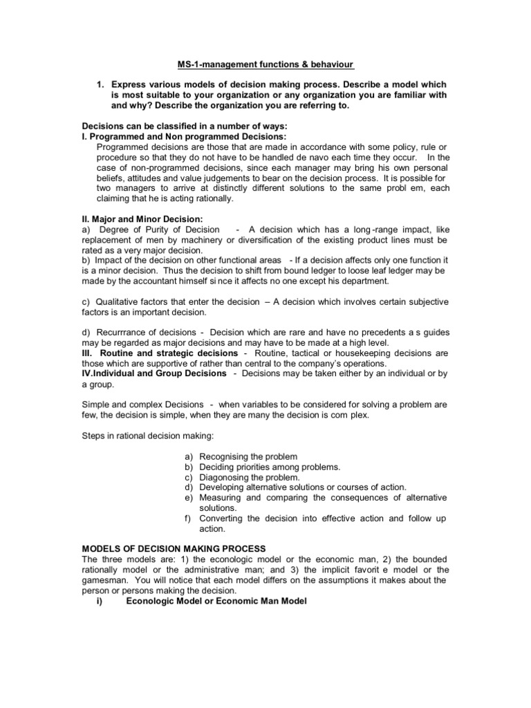 MS-1 Management Functions & Behaviour | PDF | Rationality | Decision Making