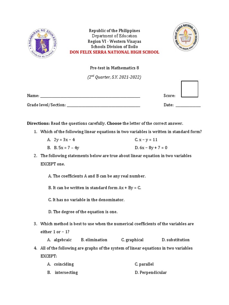 Mathematics 8 Pre-Test: Linear Equations | PDF | Equations | Slope