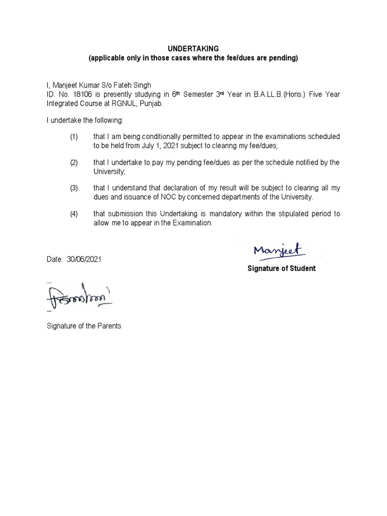Undertaking (Applicable Only in Those Cases Where The Fee/dues Are Pending) | PDF