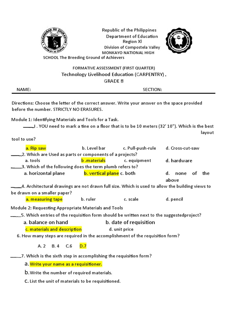 Technology Livelihood Education (CARPENTRY) Grade 8 | PDF | Tools