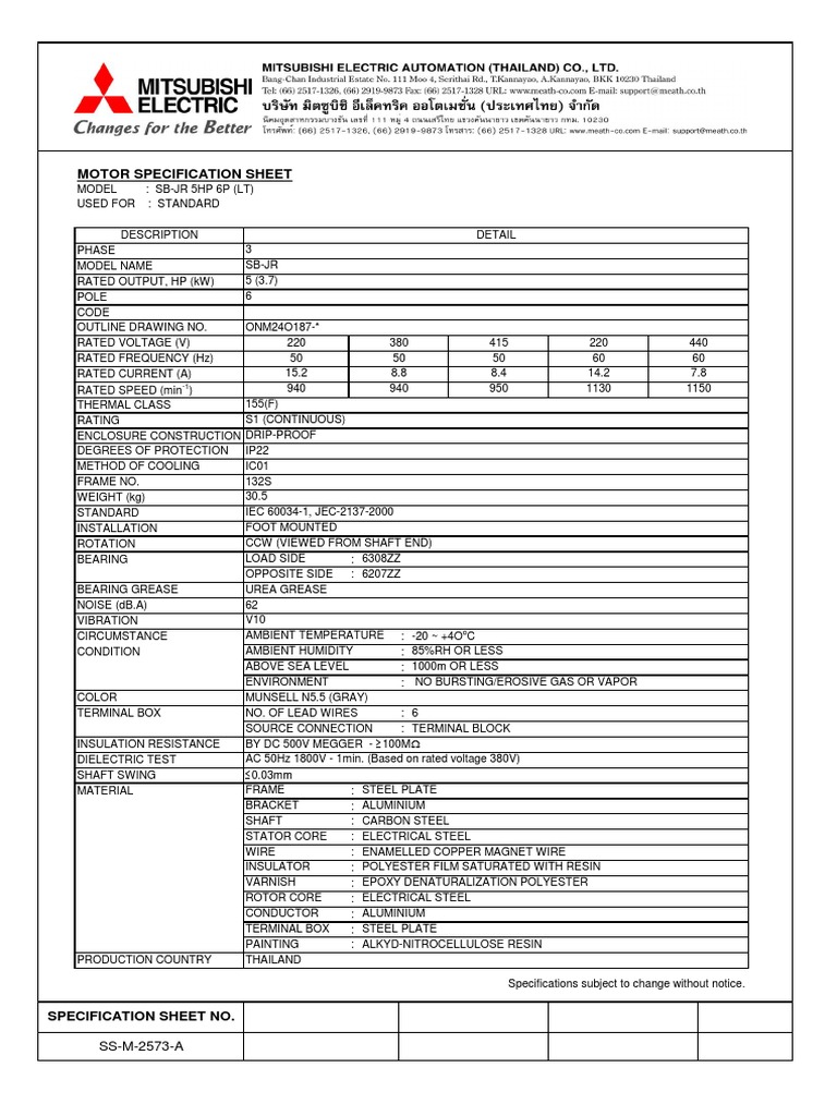 Motor Specification Sheet: SS-M-2573-A | PDF | Electric Motor | Force