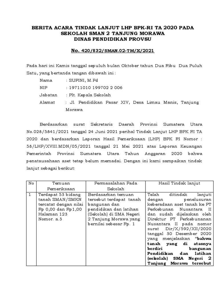 Berita Acara LHP BPK 2021 New | PDF