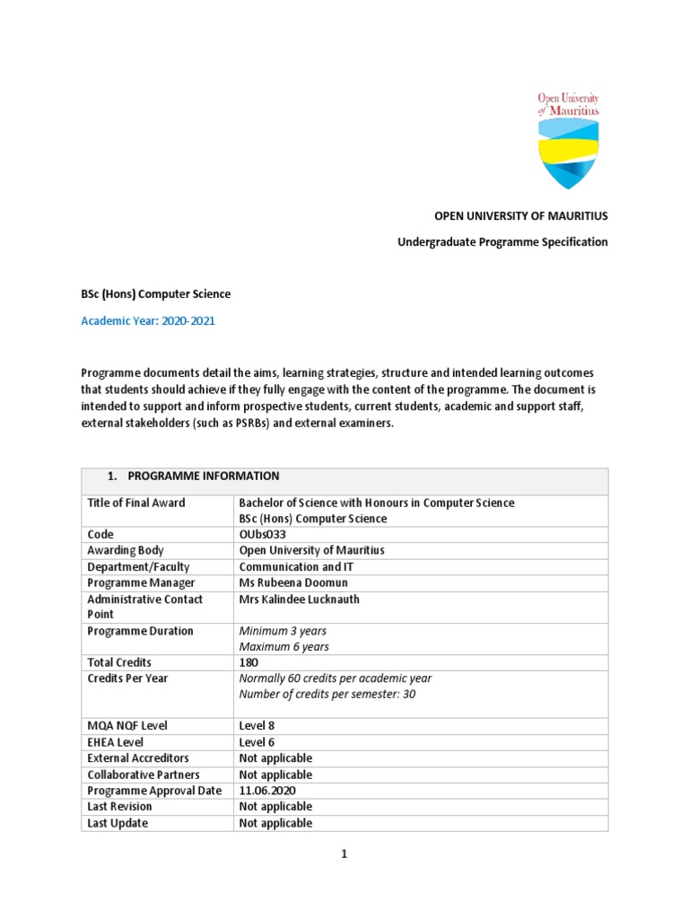 Open University of Mauritius Undergraduate Programme Specification ...