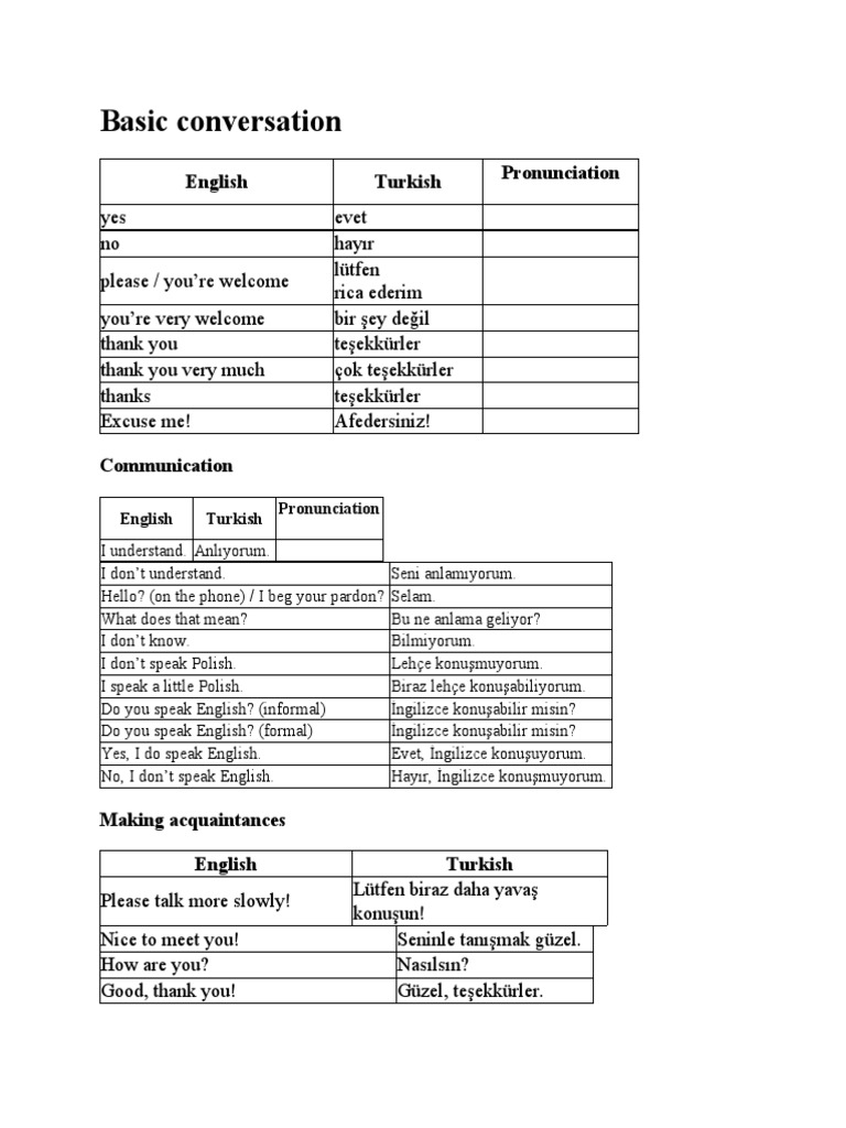 Turkish Basic Conversation | PDF