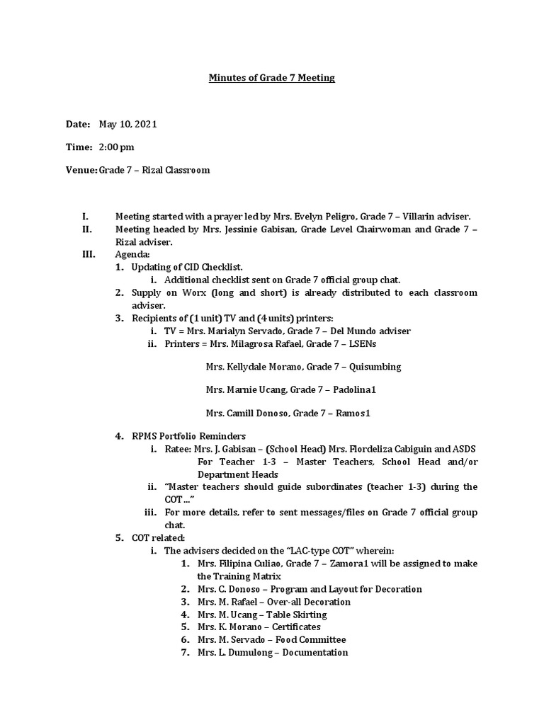 Grade 7 Meeting Minutes - May 2021 | PDF | Foreign Language Studies
