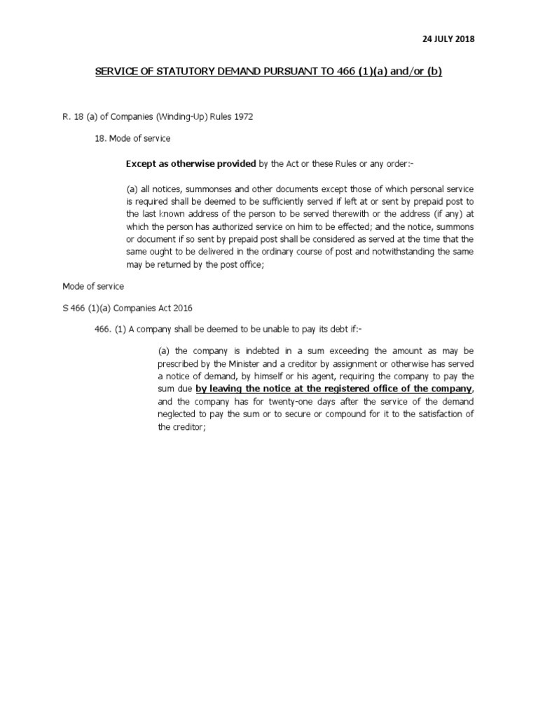 Service of Statutory Demand Pursuant To 466 | PDF
