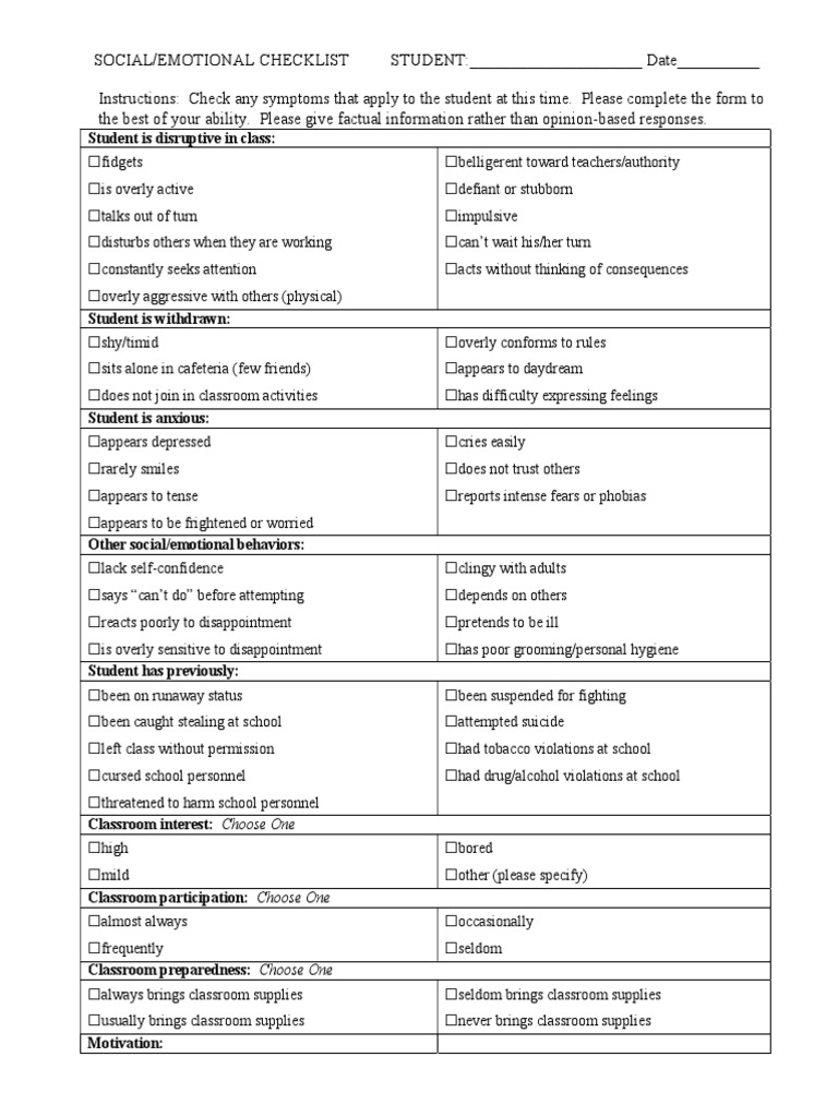 Social Emotional Checklist | PDF | Classroom | Clinical Psychology