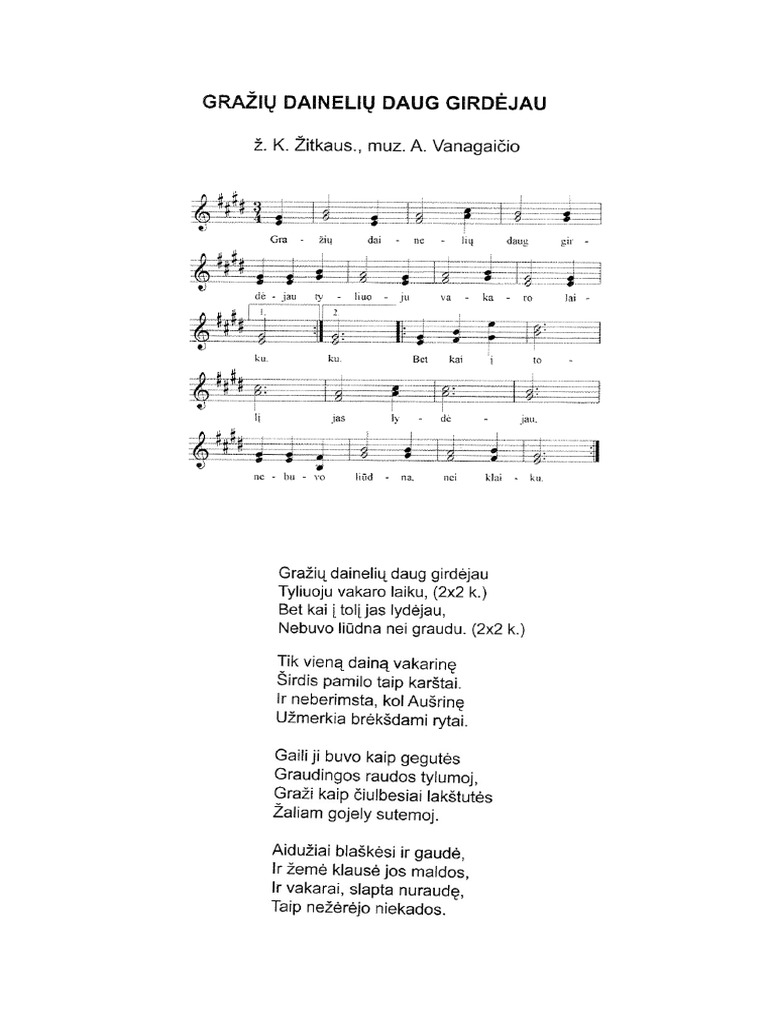 Privalomos dainos "Gražių dainelių daug girdėjau" natos | PDF