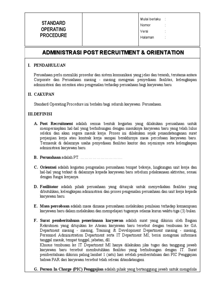 SOP Post Recruitment Dan Orientasi Kary | PDF
