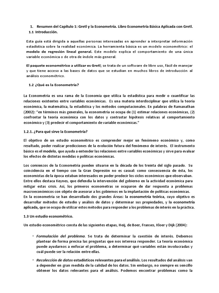 RESUMEN CAPITULO 1 Econometria Básica Aplicada Con Gretl | PDF | Econometría | Oblicuidad