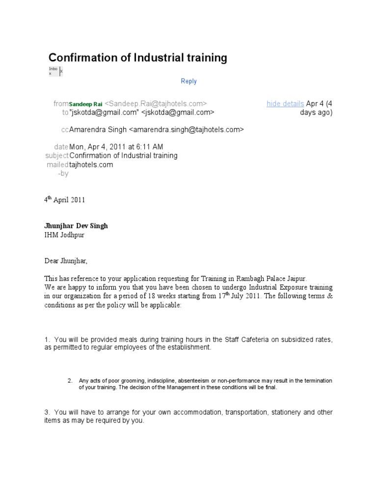 Industrial Training Confirmation Letter | PDF
