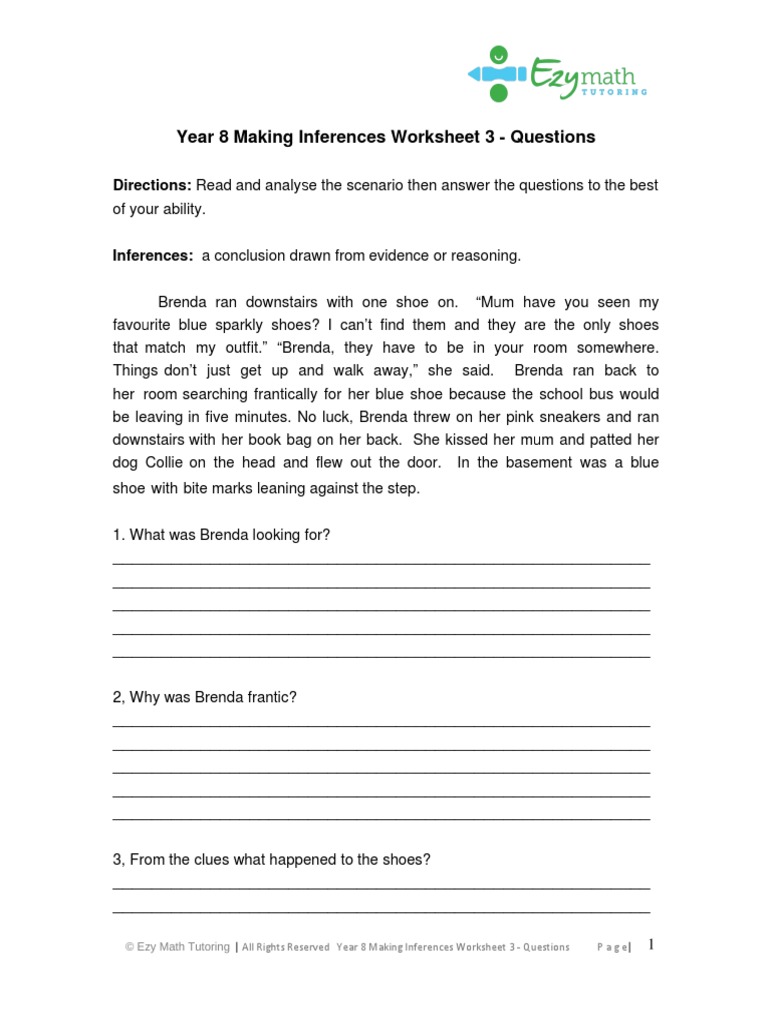 Year 8 Making Inferences Worksheet 3 Questions | PDF