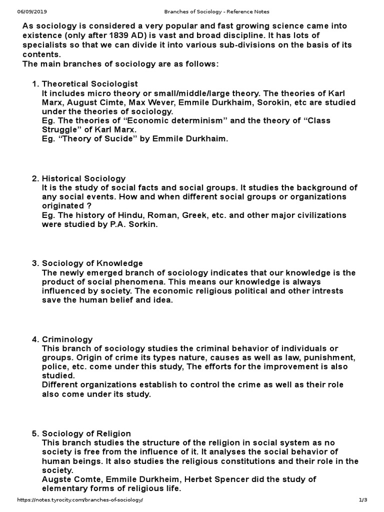 Branches of Sociology - Reference Notes | PDF | Sociology | Institution