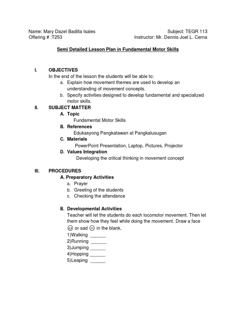 Semi Detailed Lesson Plan in Fundamental Motor Skills | PDF | Teachers ...