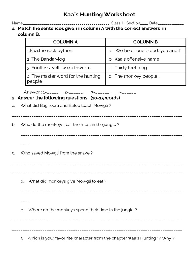 Kaa's Hunting Worksheet for Class III | PDF
