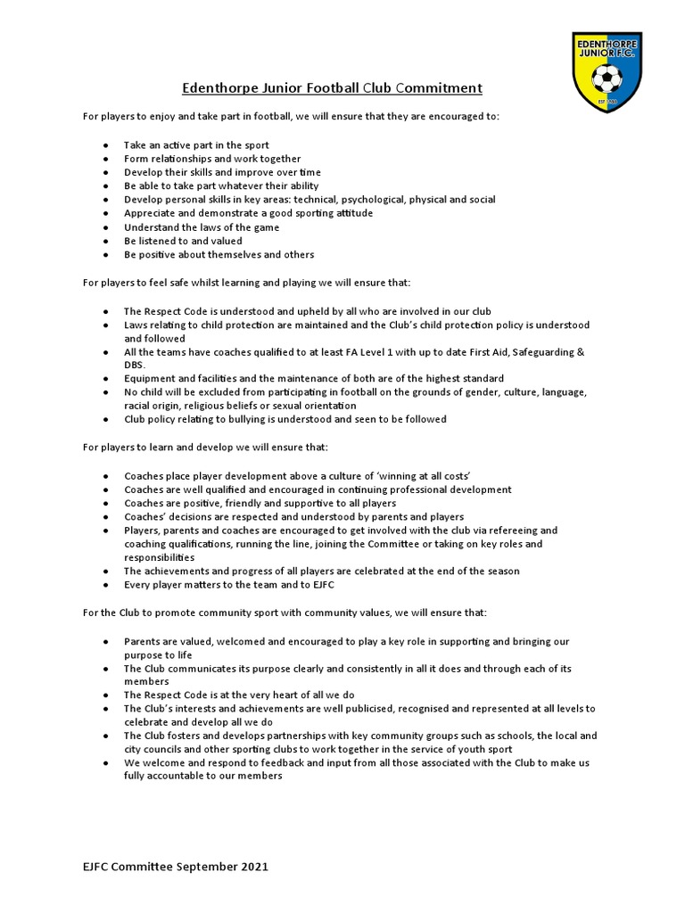 Edenthorpe Junior Football Club Commitment | PDF | Child Protection ...