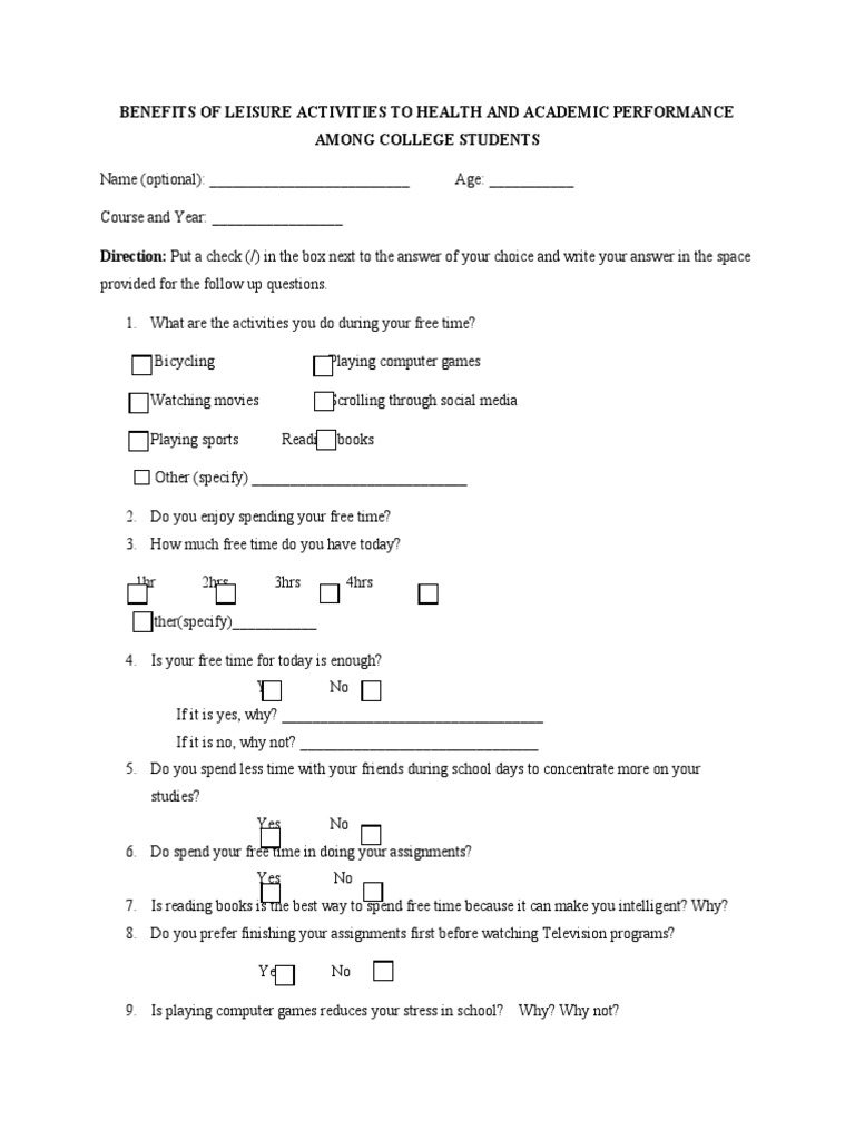 Benefits of Leisure Time Questionnaire | PDF | Leisure | Psychological ...