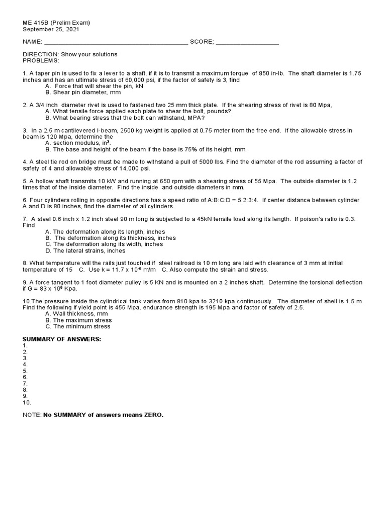 ME 415B Prelim Exam | PDF | Stress (Mechanics) | Materials
