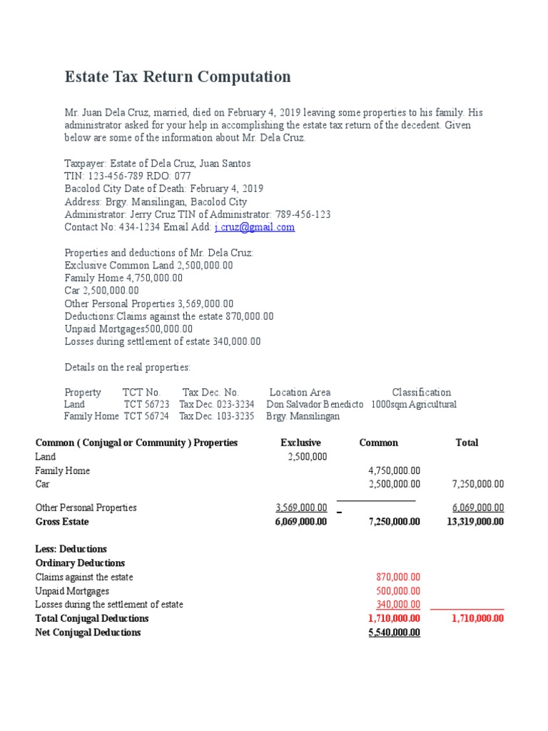 Estate Tax Return Computation | PDF | Tax Deduction | Estate Tax In The ...