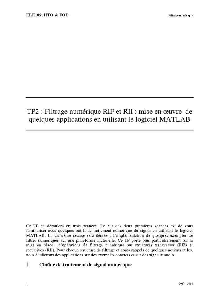 Filtrage Numérique avec MATLAB | PDF | Filtre (électronique ...