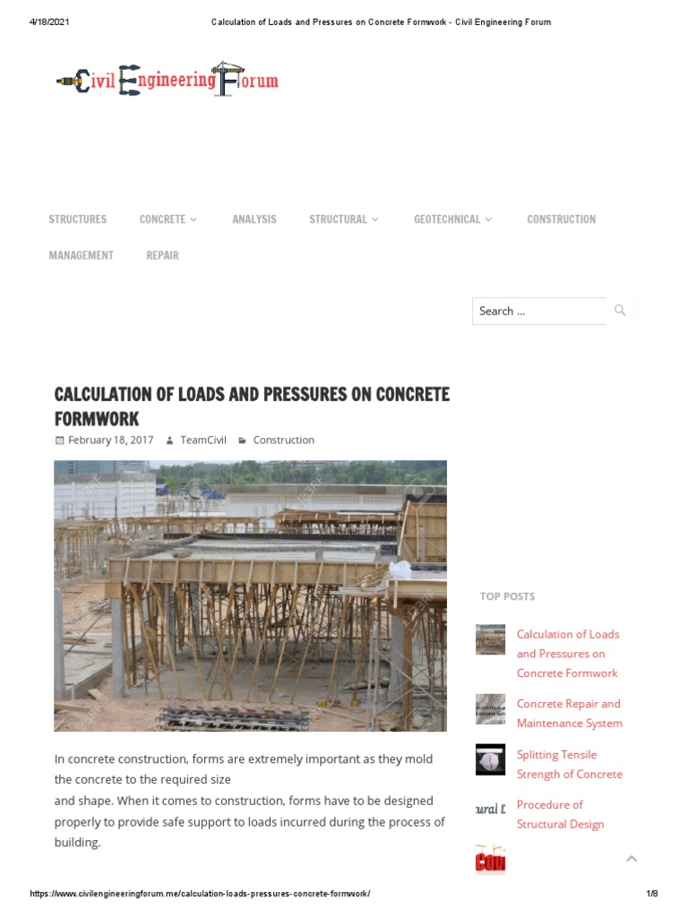 Calculation of Loads and Pressures On Concrete Formwork - Civil ...