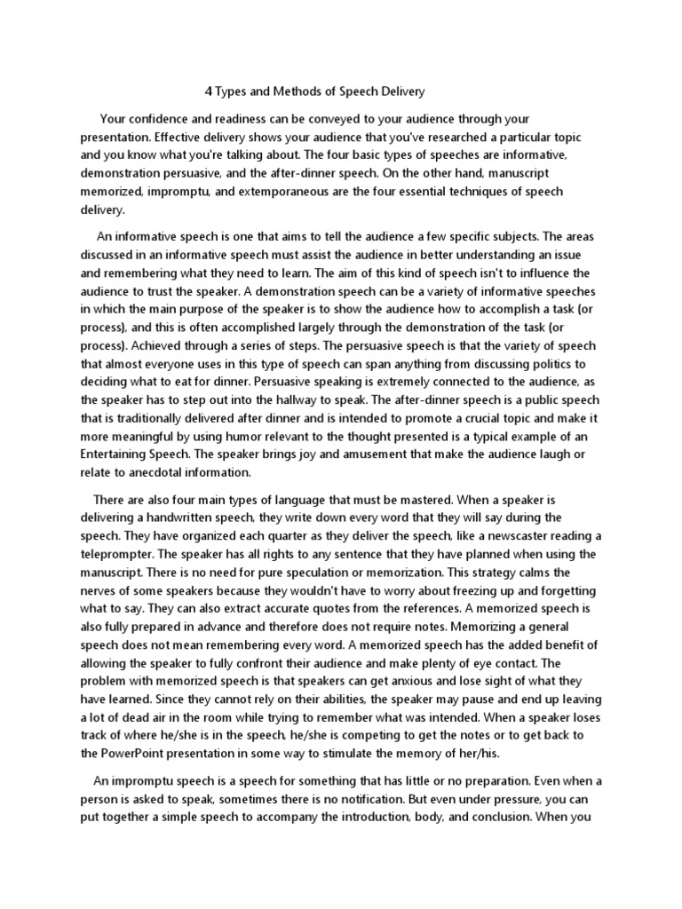 4 Types and Methods of Speech Delivery | PDF | Public Speaking | Speech