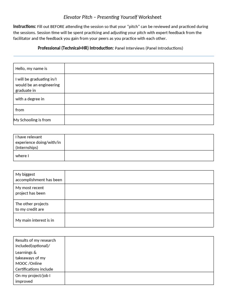 Elevator Pitch Worksheet | PDF | Sustainability