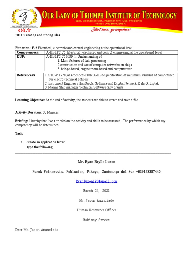 Application Letter - Ict Activity 1 | PDF | Educational Technology ...